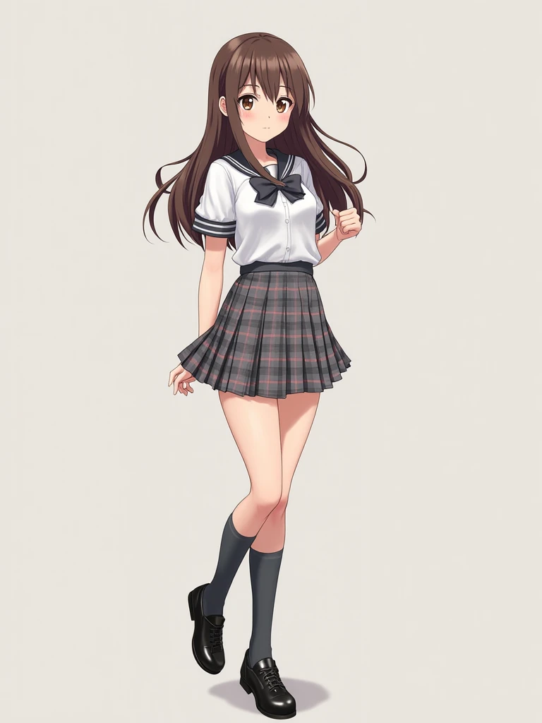 A high school girl wearing a white top, a gray skirt with thin red ...