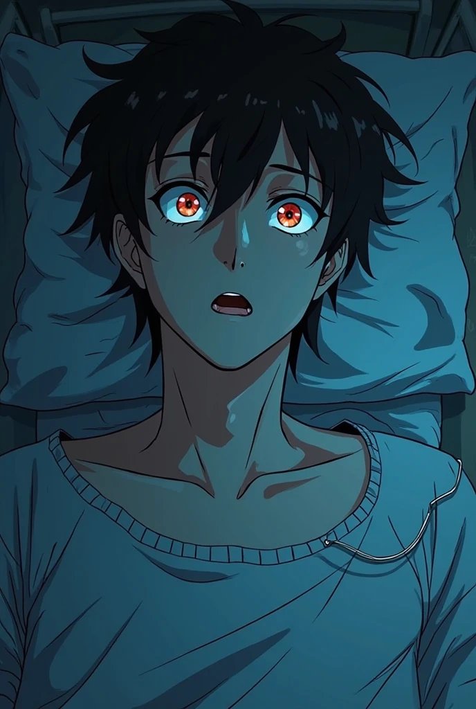 A dramatic anime-style illustration. A young man (Leo) lies on a cold ...