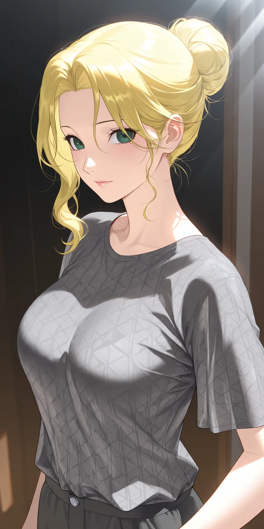 Uchiha itachi, mature female, housewife, yellow hair, hair bun - SeaArt AI
