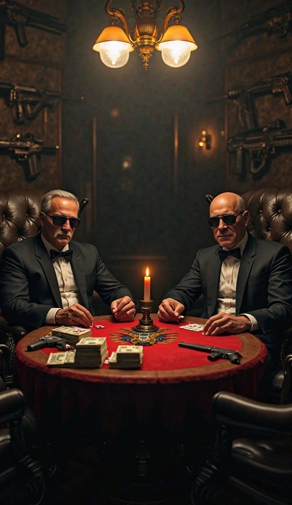 Under the dim light of a dark fantasy room, two hyper-realistic ...