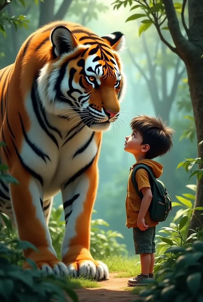 Make a photo of a tiger walking with a boy - SeaArt AI