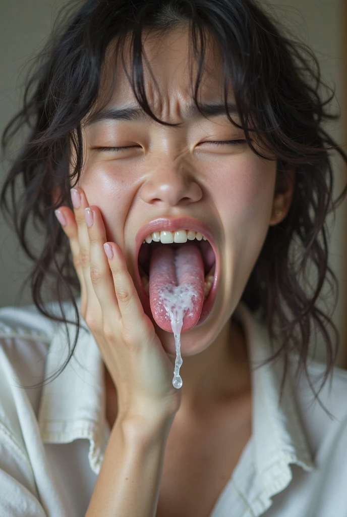 1 Japanese woman, woman close eyes and open mouth wide ,Frowning - SeaArt AI