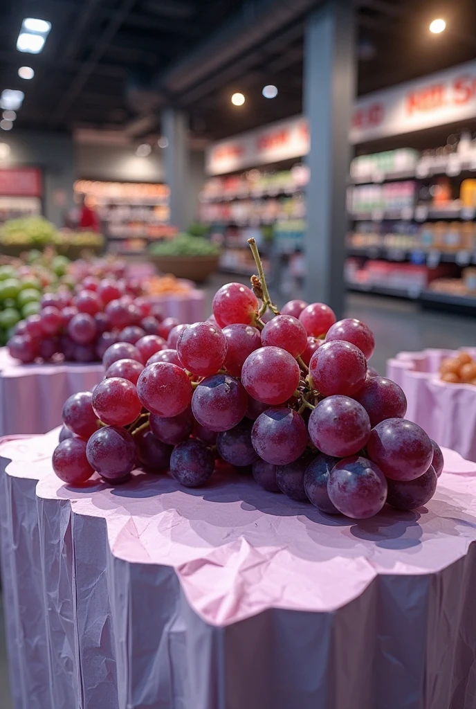 Display of grapes on a tank made of paper in a supermarket - SeaArt AI