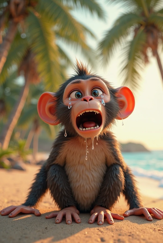 3d animation of crying monkey with many tears over coconut tree and ...