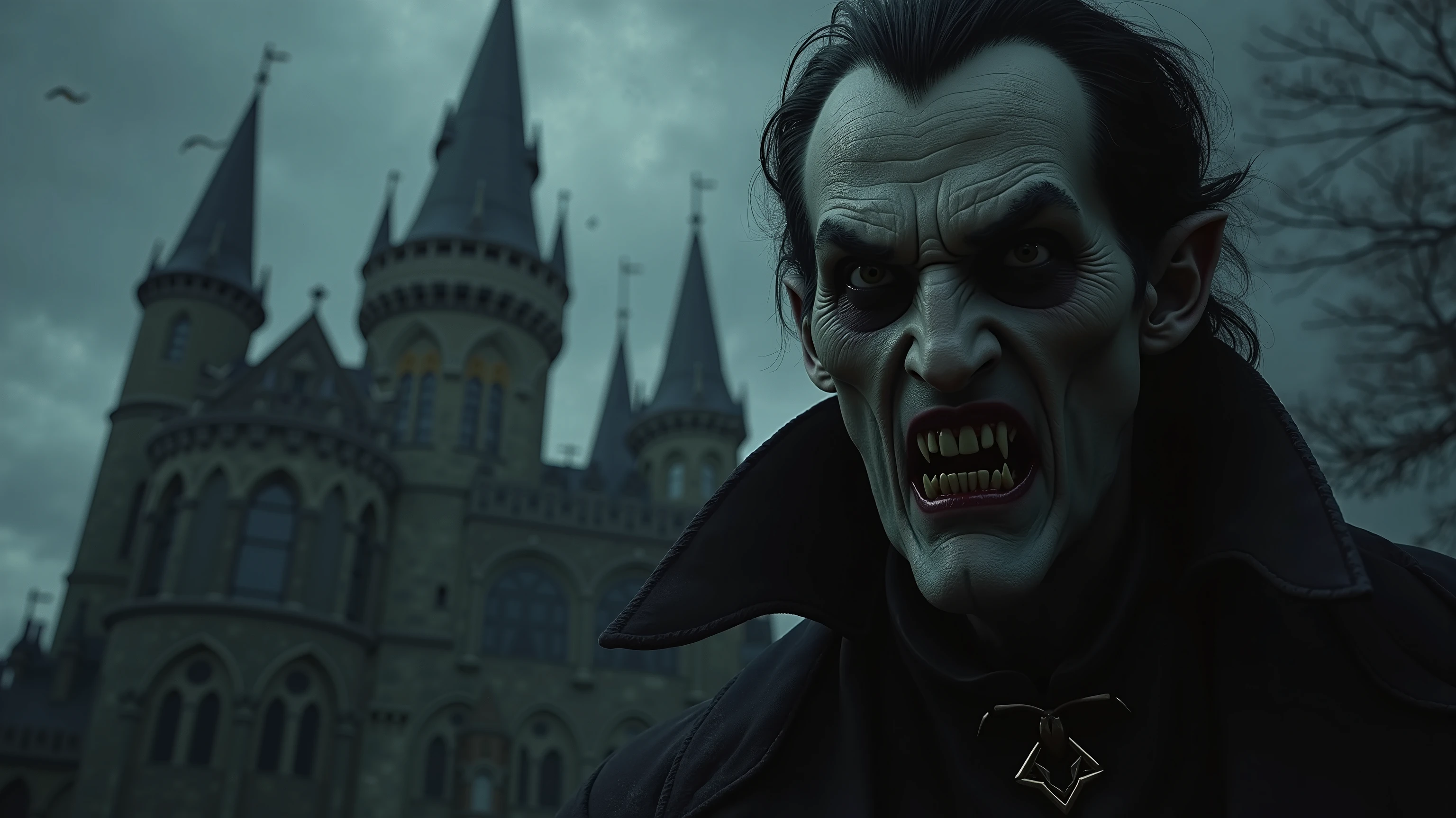 Realistic photo, face of a scary strong vampire in the background ...