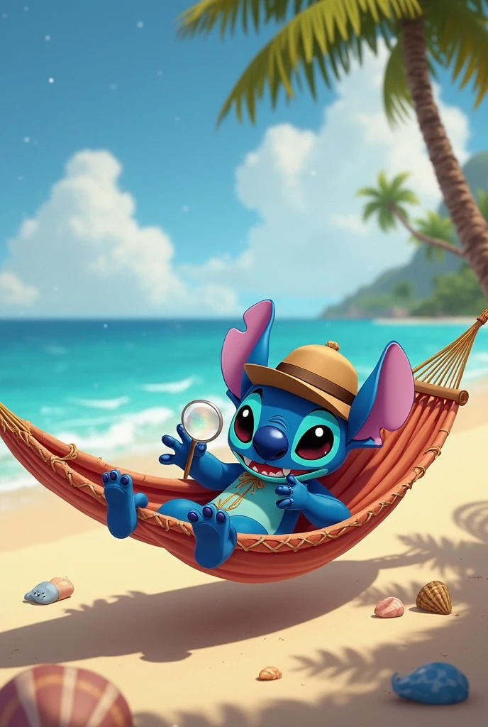 Detective Stitch wearing his detective uniform lying in a hammock on ...