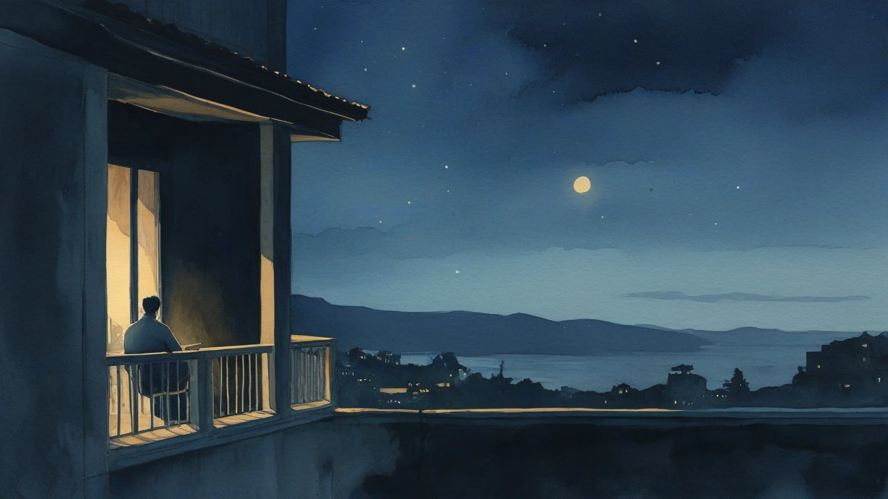 A soft, tranquil evening scene with a person sitting alone on a balcony ...