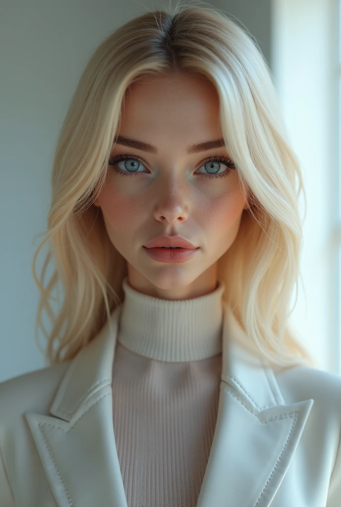 > A realistic AI-generated female avatar with blonde hair, wearing a ...