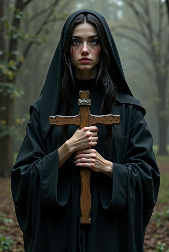 Freira, full body, holding a crucifix, A penetrating and frightened ...