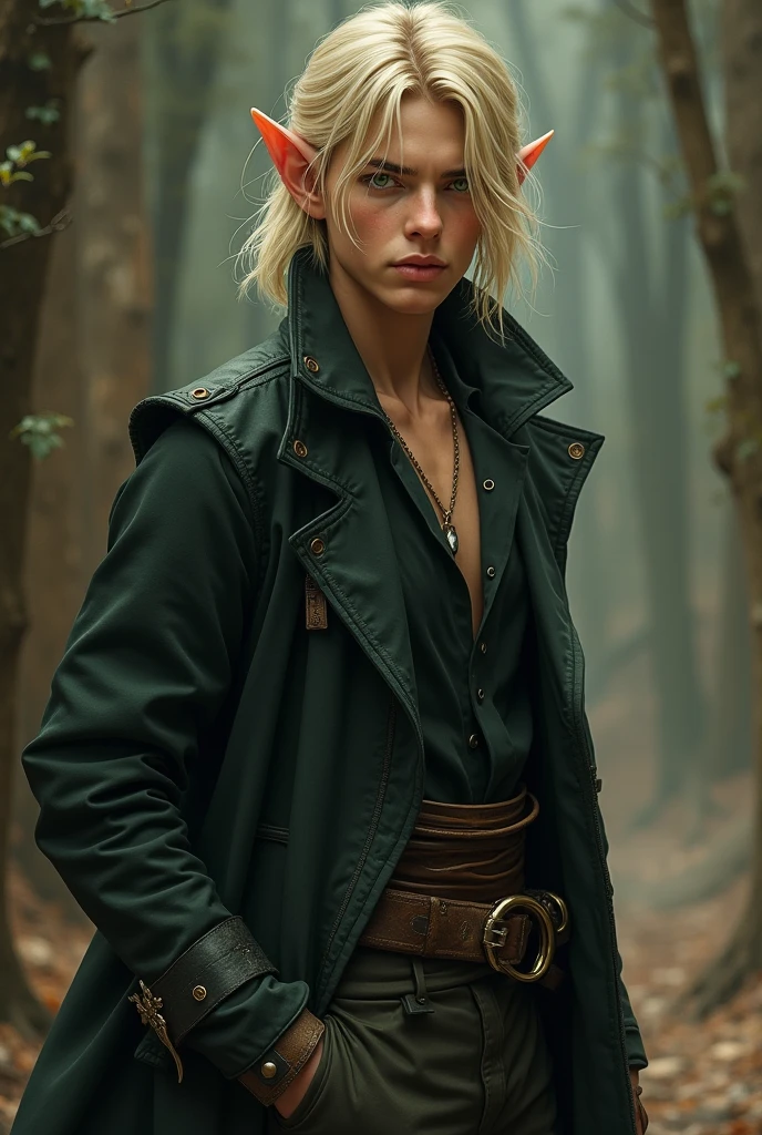 A tall and thin elf in his early 20s has pale skin, green eyes - SeaArt AI