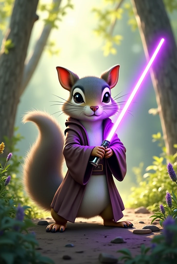 Sweet Jedi squirrel in robe with purple lightsaber - SeaArt AI