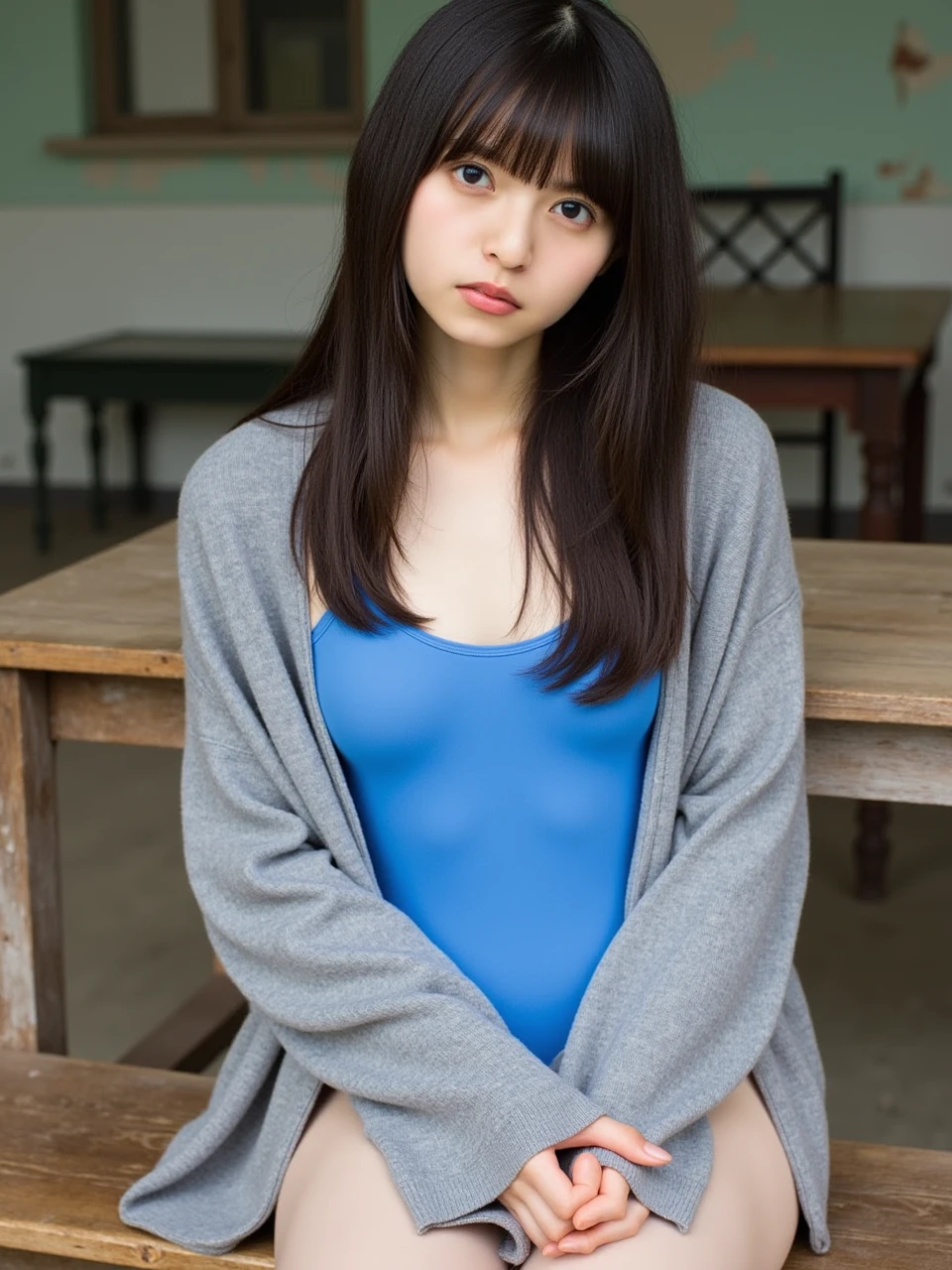 The image is a portrait of a young woman named Asuka sitting on a ...