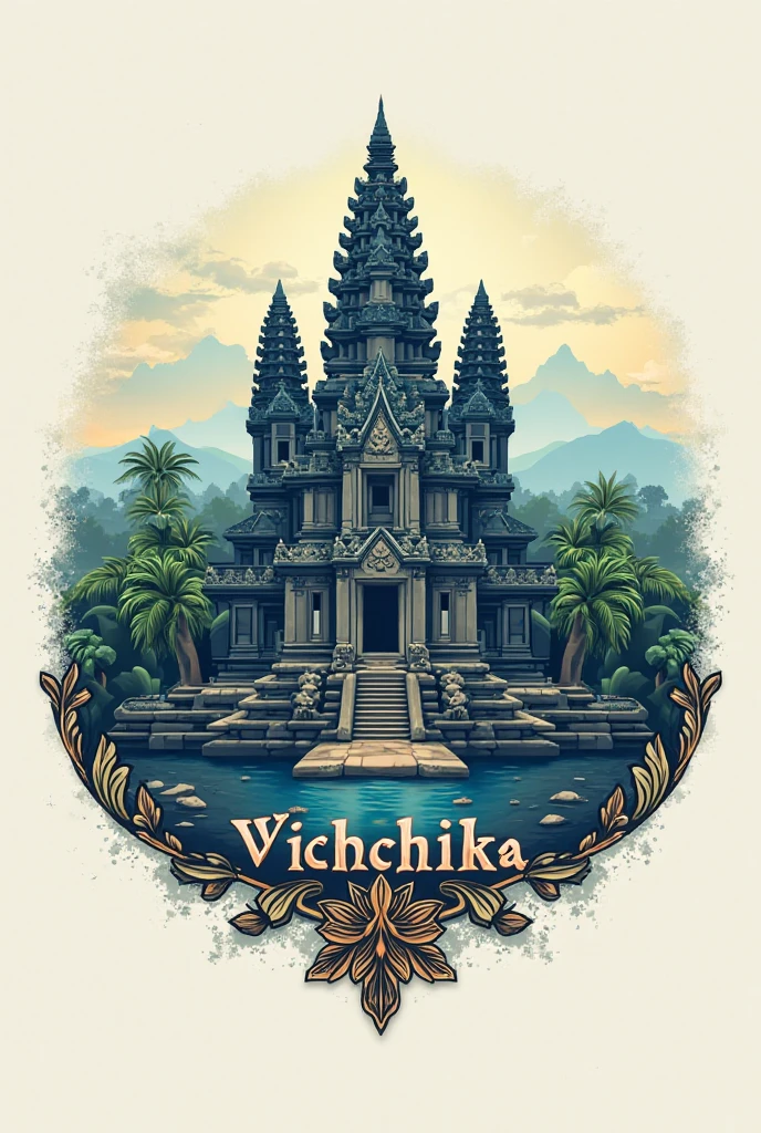 Create a logo with Angkor wat temple and write the word "វិច្ឆិកា ...