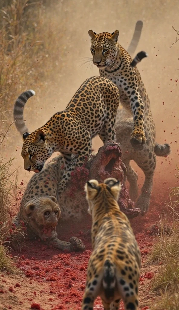 Fierce battle between leopards and hyenas. One leopard jumps on a hyena ...