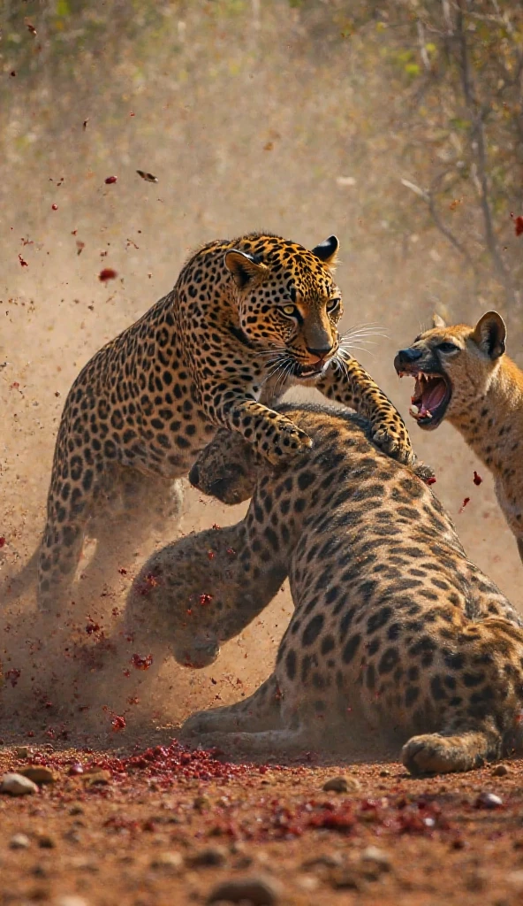 Fierce battle between leopards and hyenas. One leopard jumps on a hyena ...