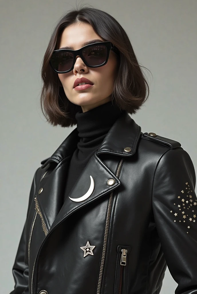 Model wears glass sunglasses, leather jacket with stars and moon ...