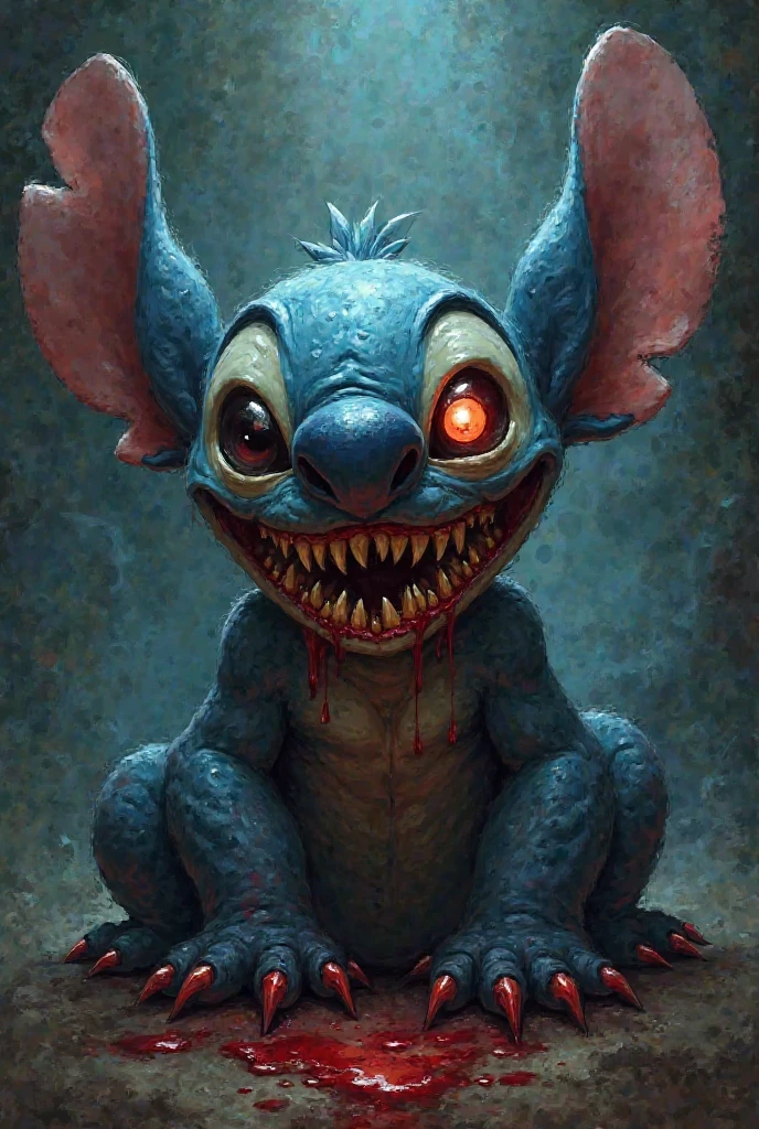 Stitch with a diabolical face and 3 eyes, fangs with blood and claws on ...
