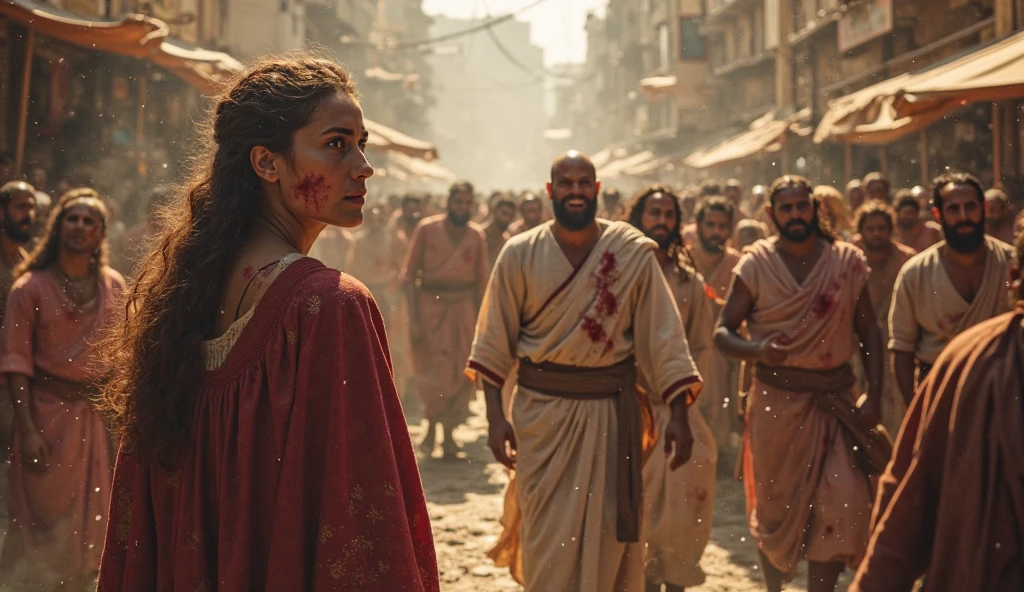 A chaotic marketplace scene: crowds jeer at Joanna and other followers ...