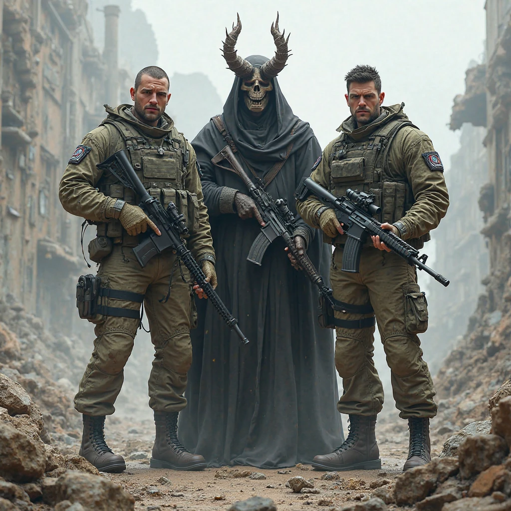 In a apocalyptic world, 2 soldiers, a demon with gray skin and horns ...