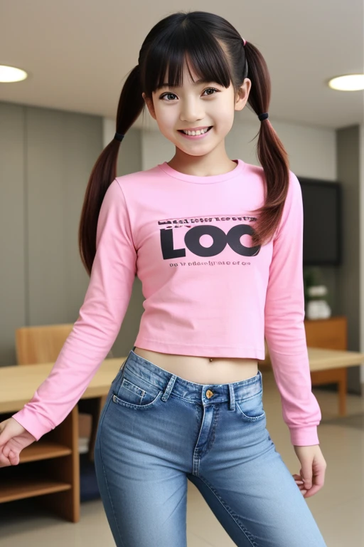 Solo, Asian tween girl, short twintails, light pink t-shirt, tight shirt - SeaArt AI