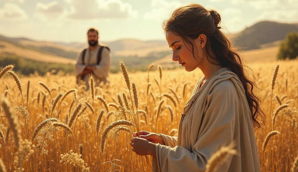 Ruth picking ears in the field with Boaz watching in the background ...