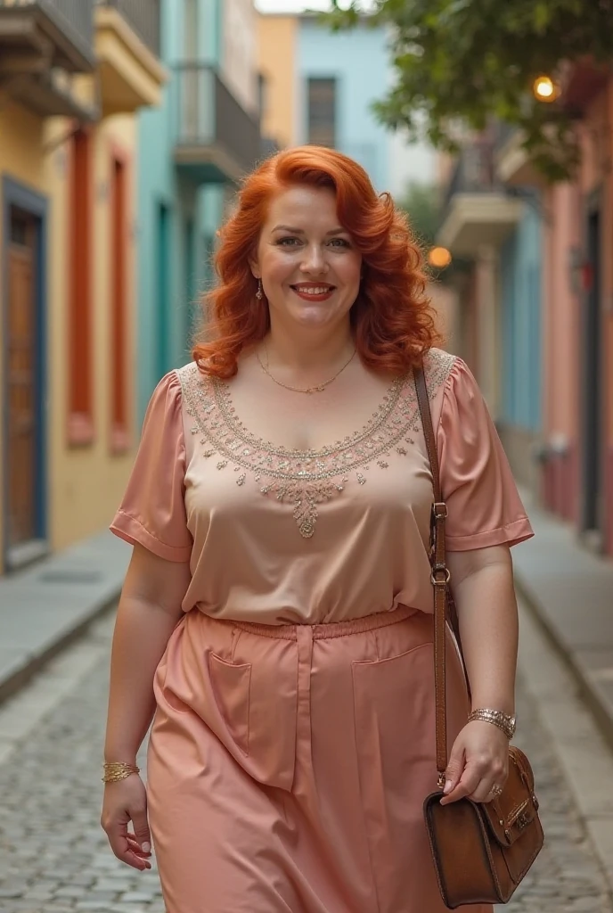 Christian red-haired woman, confident and graceful, walking down a ...