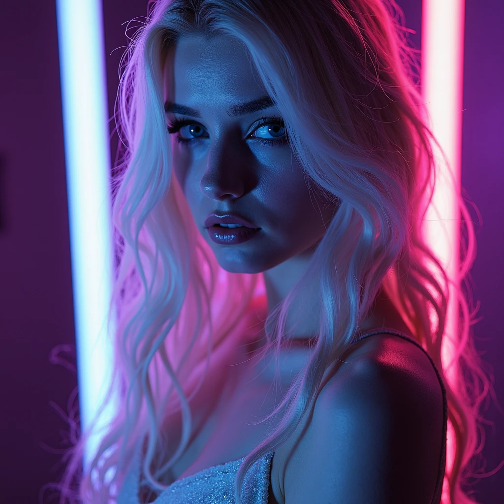 Scandinavian aryan female goth supermodel, backlit by neon purple ...