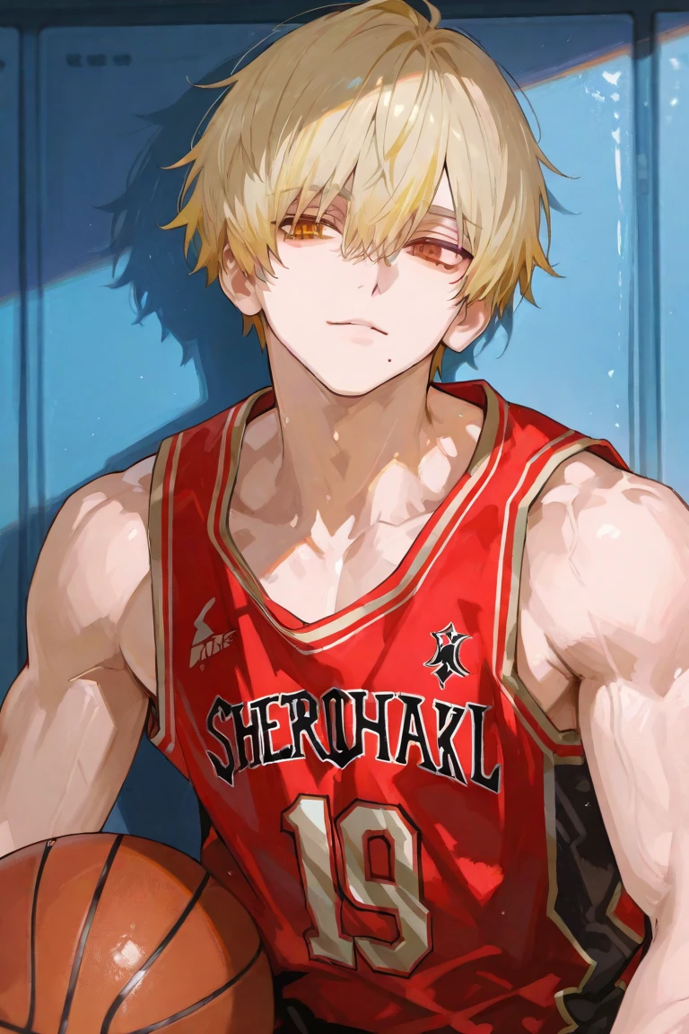 Male, with ash blonde Shadow perm hair and amber eyes. He has a mole on ...