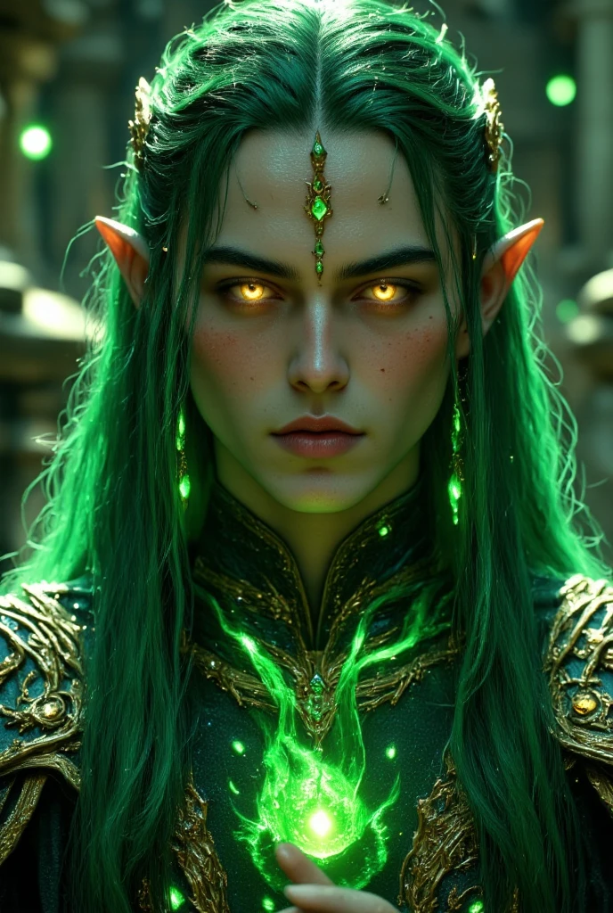 Very thin, crunchy male elf king((Beautiful luminous green hair with ...