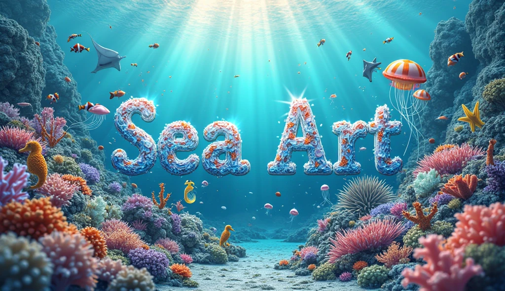 Sea creatures celebrate Sea Art's 2nd anniversary、「Sea Art」The letters ...