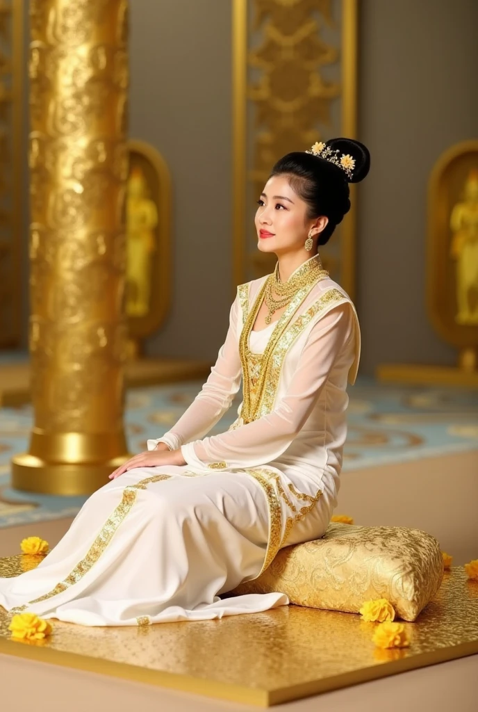 Myanmar queen [wearing gold and white thin Longyi and Htaingmathein ...