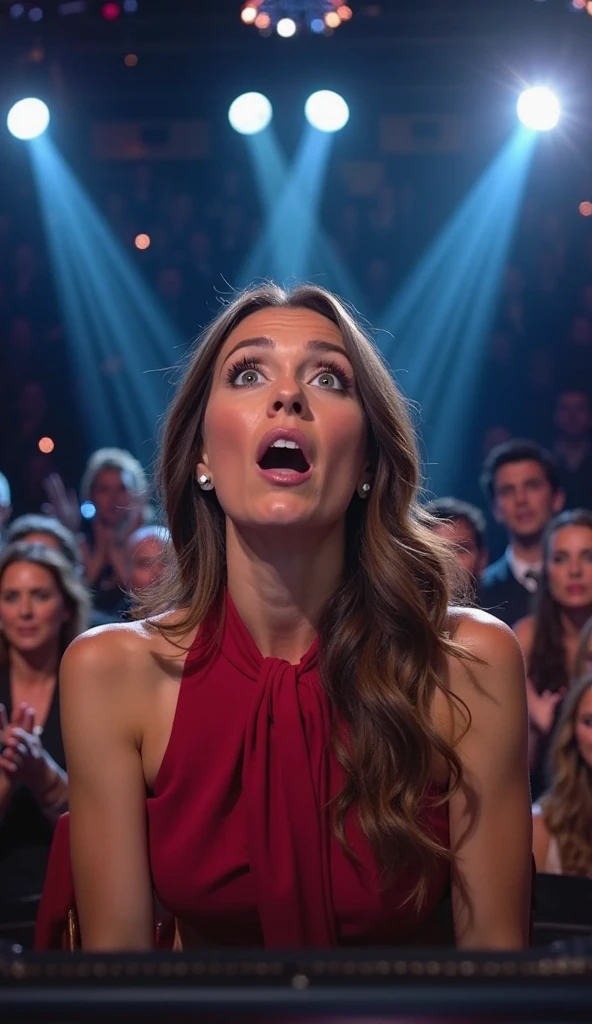 A talent show stage with a female judge looking extremely surprised and ...