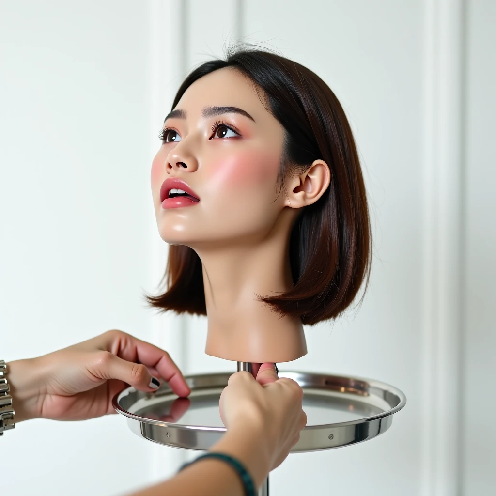 A beautiful young indonesian woman's disembodied head is standing on a ...
