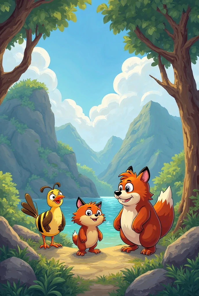 Prompt: Show the three cartoon characters—Chirpy Sparrow, Bumble Bear ...