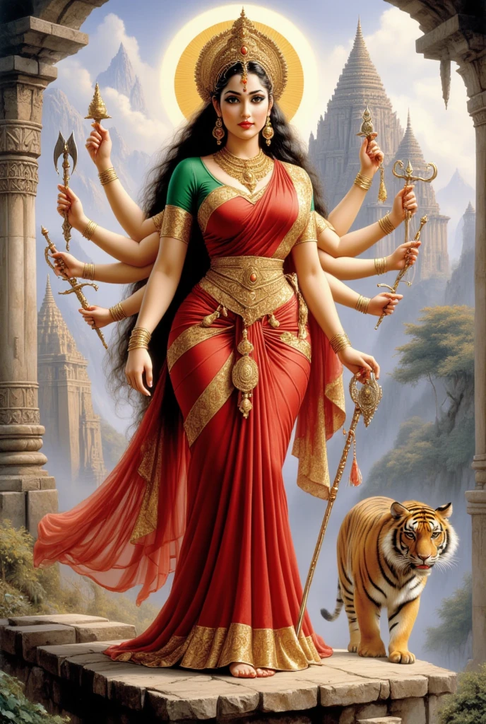 Hindu crowned Goddess Durga mata standing full body, in full red saree ...