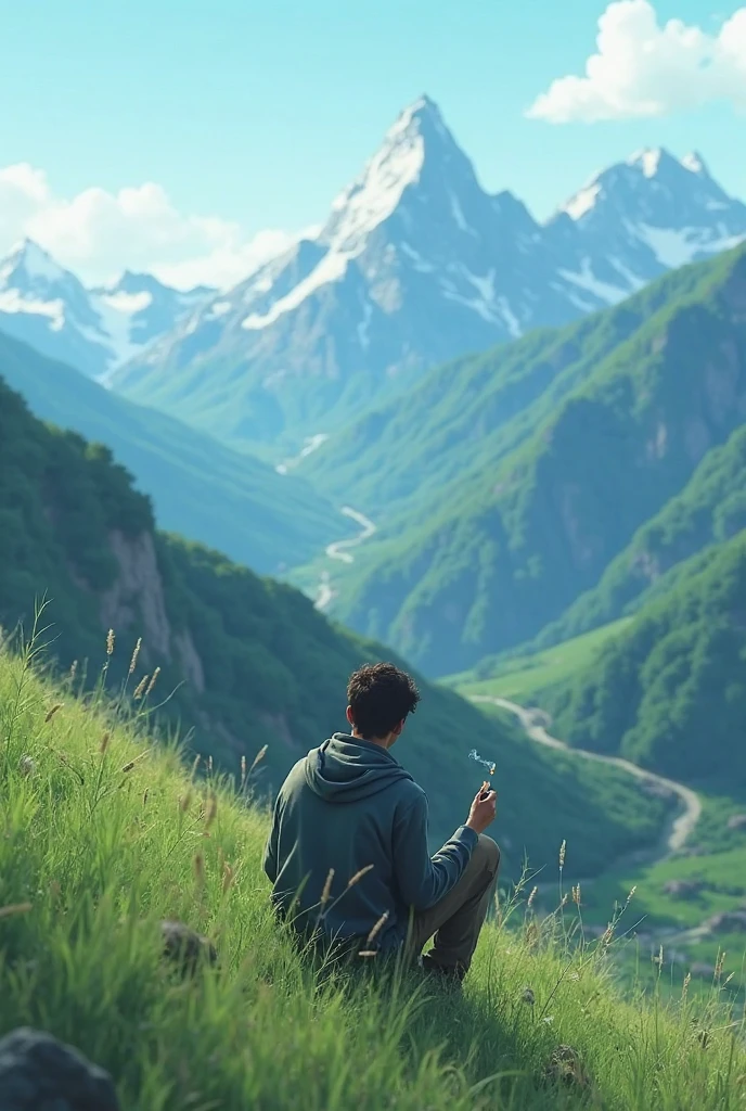 Sitting on gress on the wipe mountain with cigarette - SeaArt AI