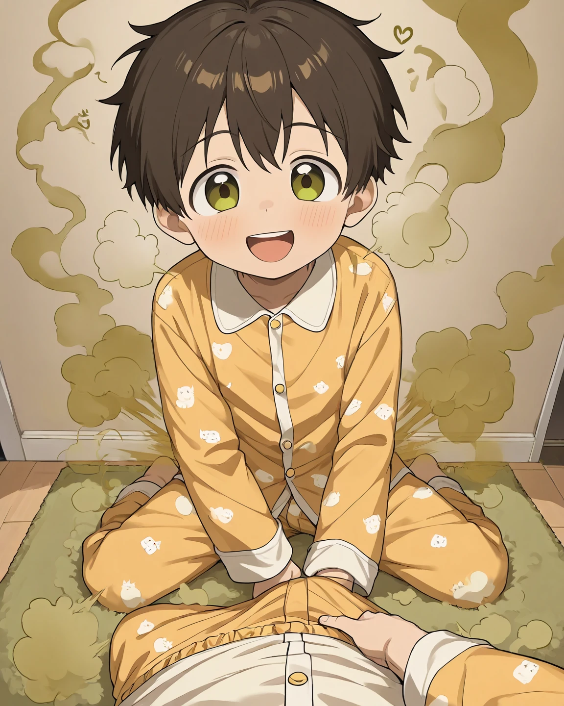 1boy, young, hand in pants, hand on crotch, fart, farting, fart cloud ...