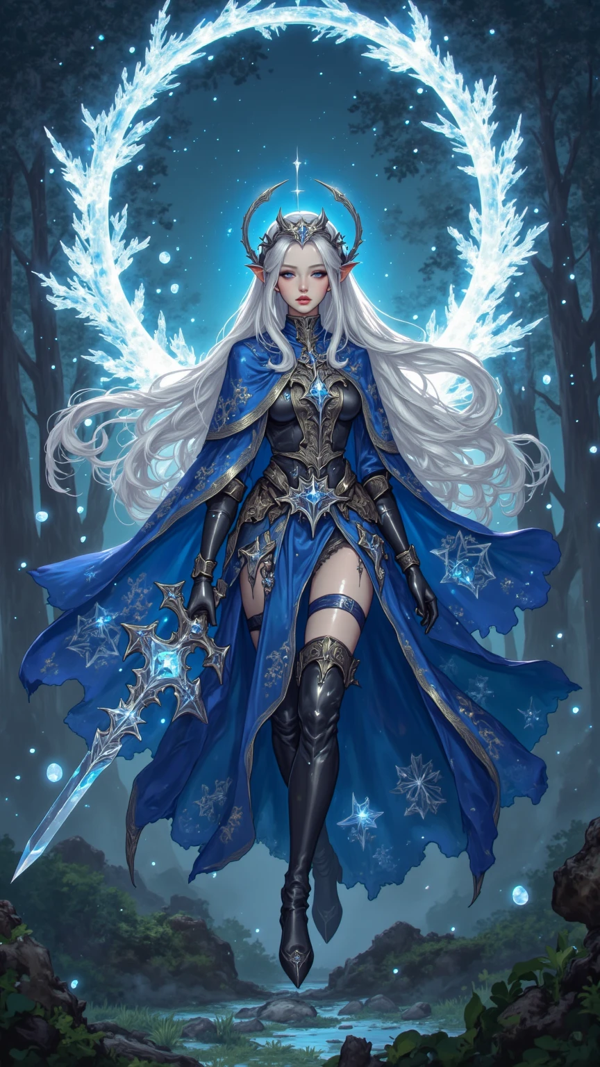 Warm-blooded Elf,1 girl,solo,Silver Long Hair,Shiny Blue Eye - SeaArt AI
