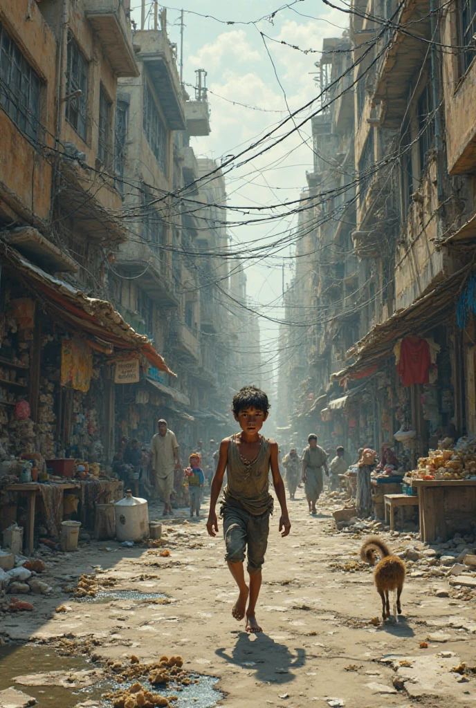 Scene: City street, Ali (Poor boy) Running slowly in torn clothes ...