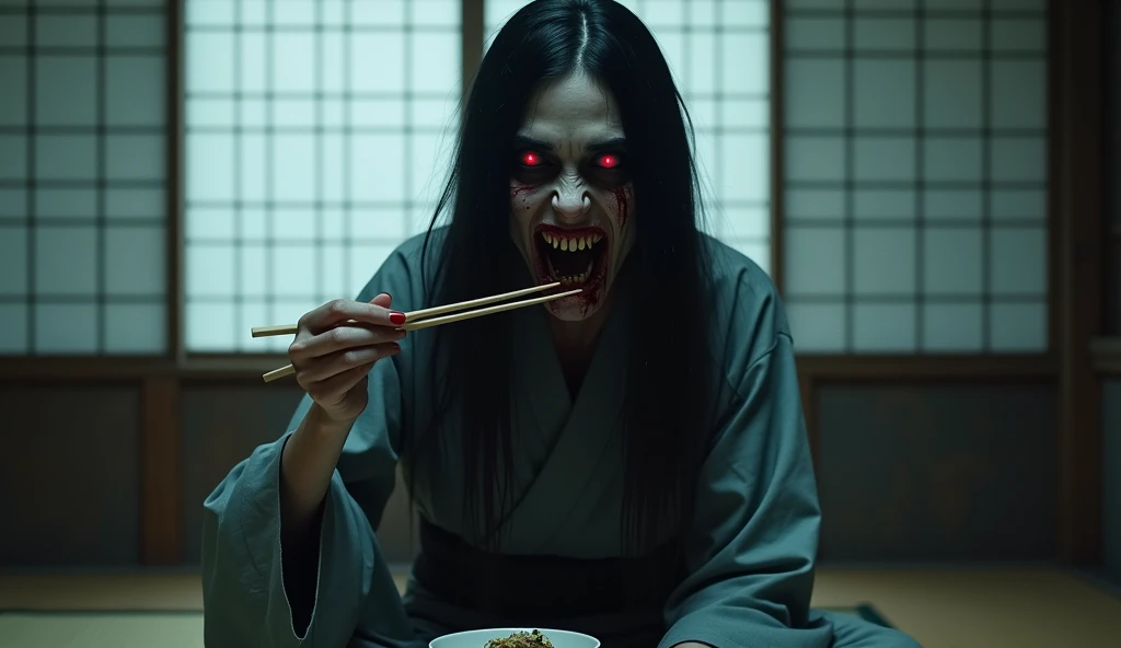 Inside a dimly lit traditional Japanese room, a terrifying female ...