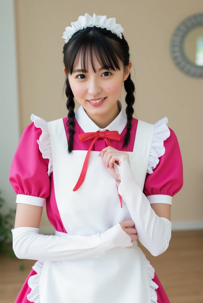 There is a woman in a pink and white uniform posing for a picture ...