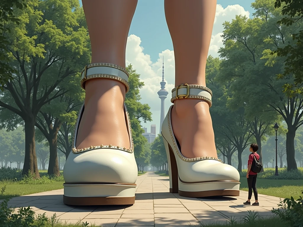 A gigantic, colossal woman idling in a city park on a walkway - SeaArt AI