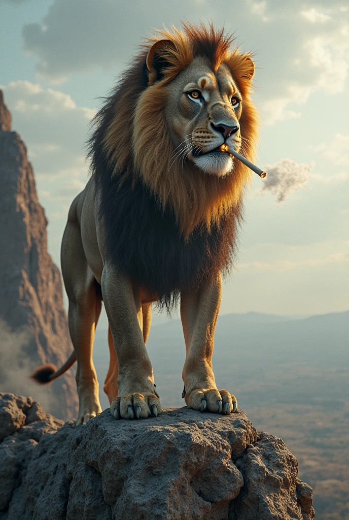 Give me a picture of lion king standing on top of stone mountain with ...