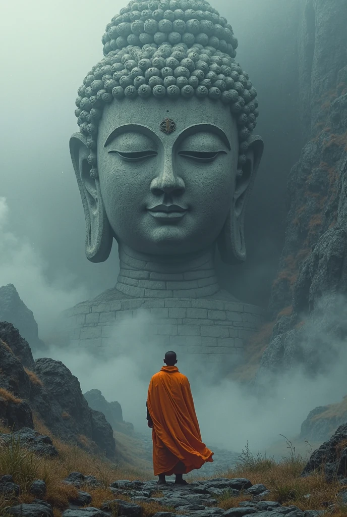 A mysterious monk in an orange robe standing before a giant ancient ...
