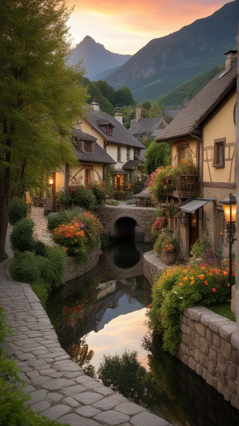 Picturesque riverside village with mountain backdrop, vibrant floral ...