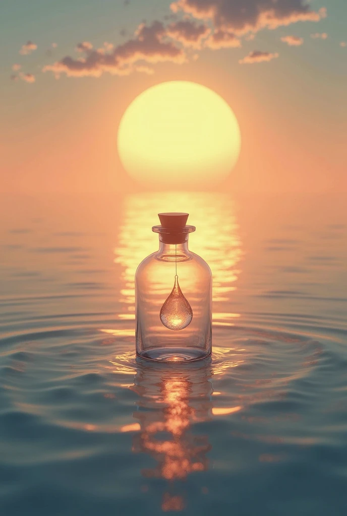 A sunset, tear in a bottle floating on the sea, horizontal relaxed way ...