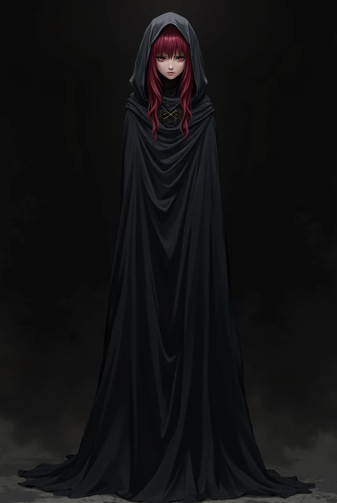 Tall girl with red maroon hair, in a black robe and hood, with an empty ...