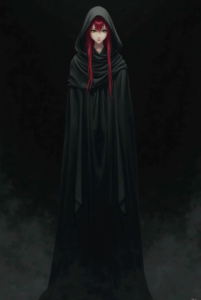 Tall girl with red hair, in a black robe and hood, with an empty look ...