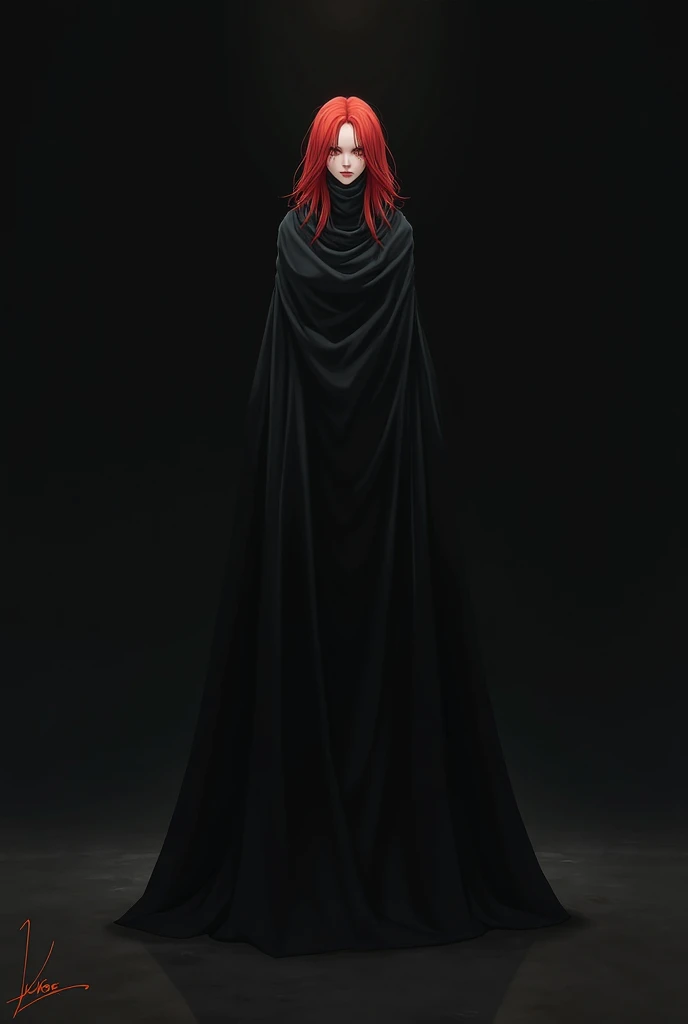 Tall girl with red hair, in a black robe and hood, with an empty look ...