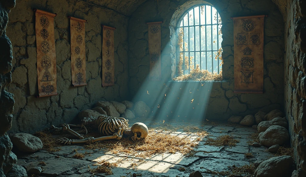 "Abandoned dungeon cell with skeleton on the floor, moldy straw bed ...